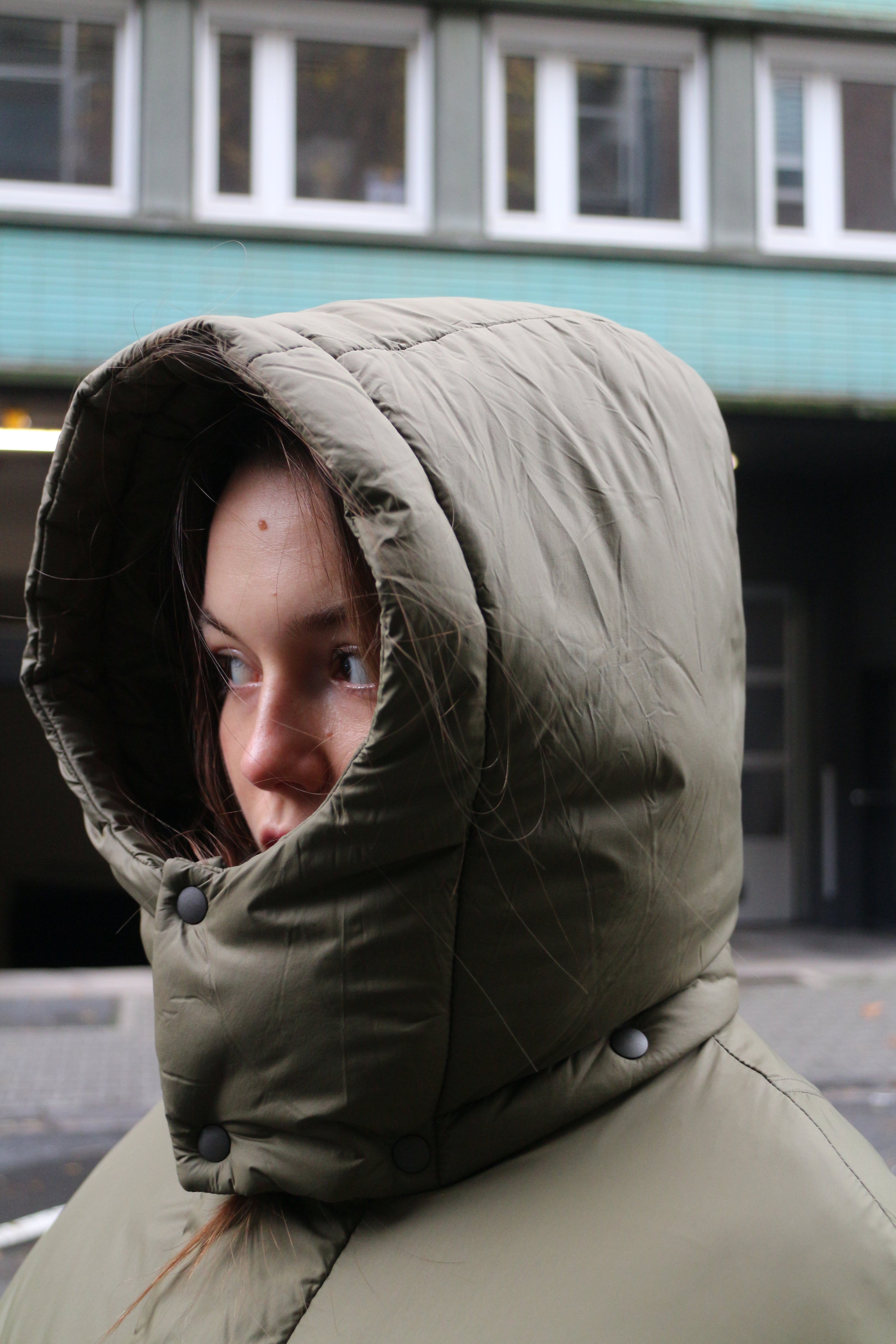 OVERSIZED PUFFER JACKET BY SHU IN OLIVE GREEN – BEYOND STUDIOS